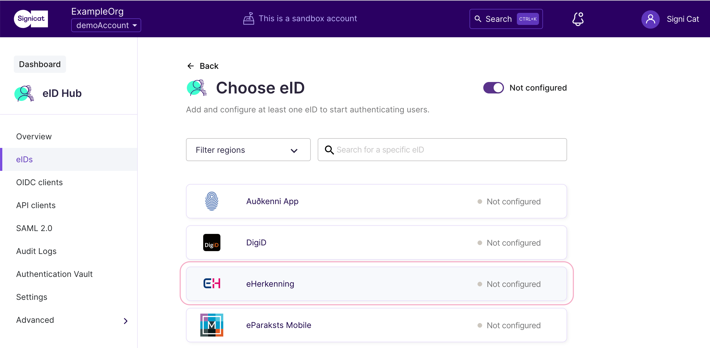 Add eHerkenning in the Dashboard | Signicat Documentation